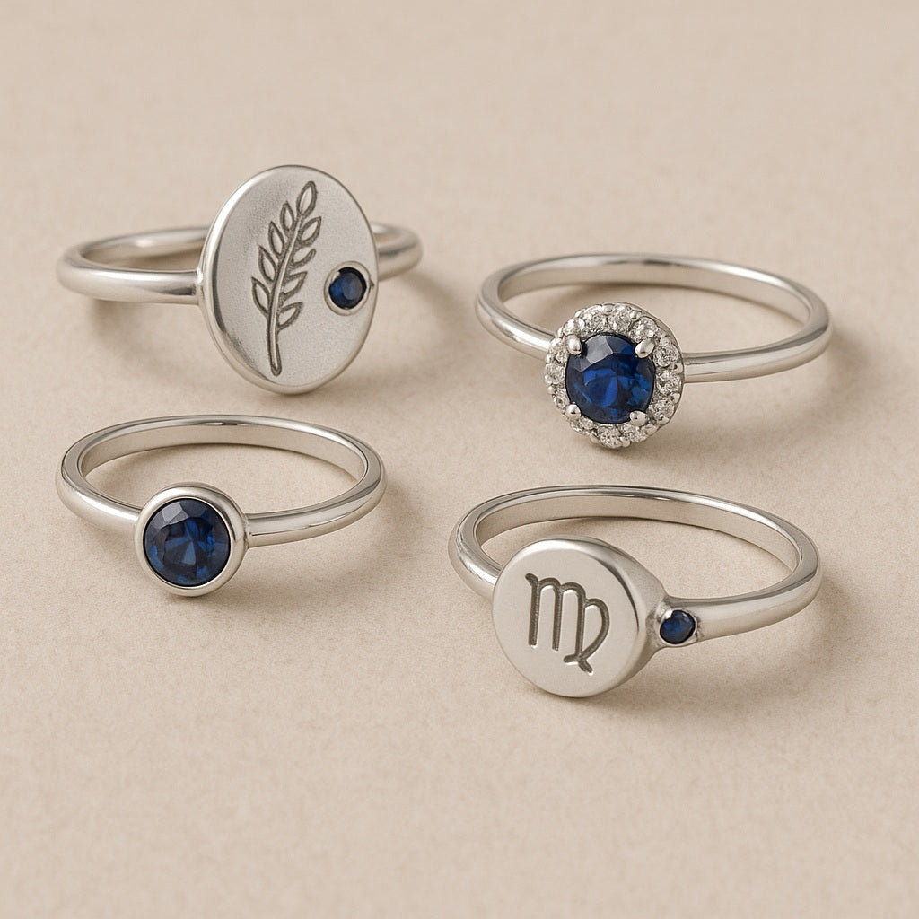 Virgo Rings in Sapphire | Symbolic Zodiac Motifs – Irosk Australia
